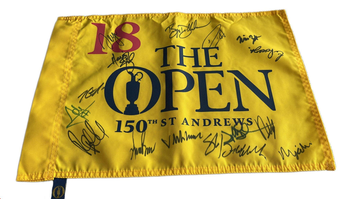 Signed 150th Open Championship PIN FLAG by 16 INC Major Winners AFTAL ...